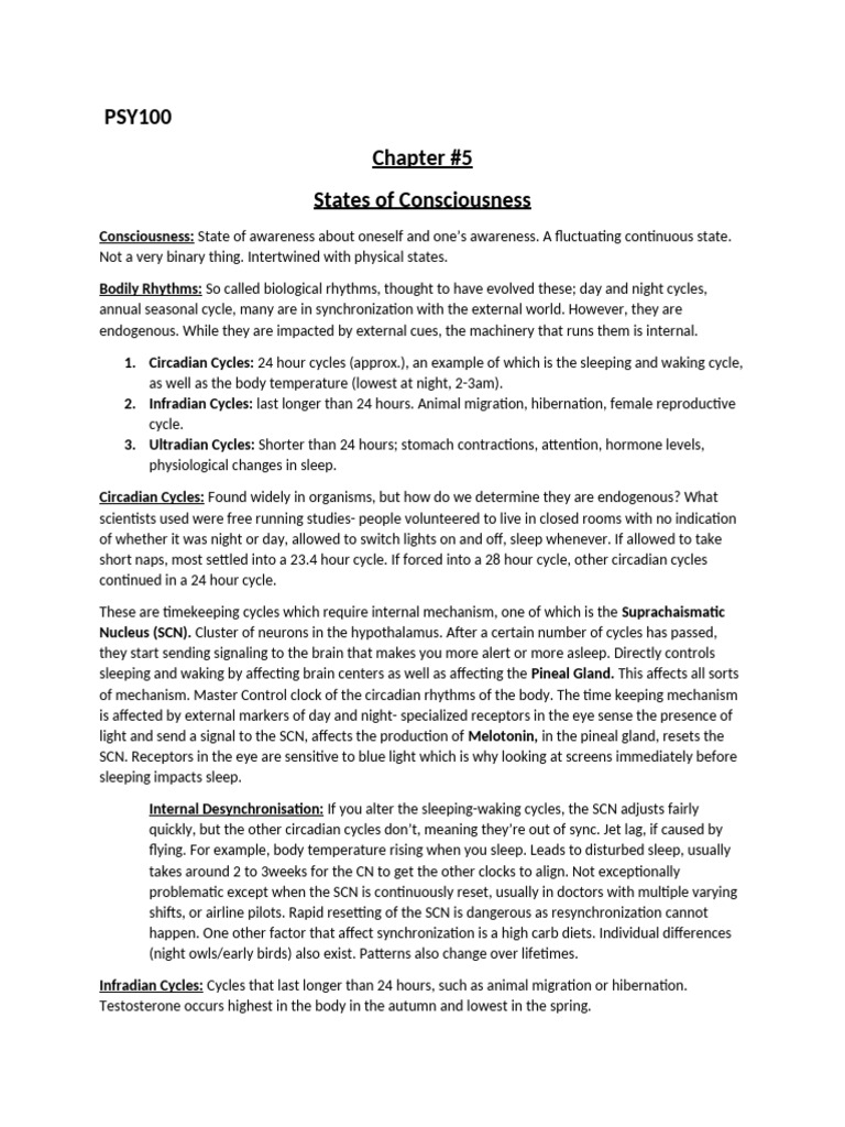 States of Consciousness PSY 100 Notes | PDF | Sleep | Circadian Rhythm