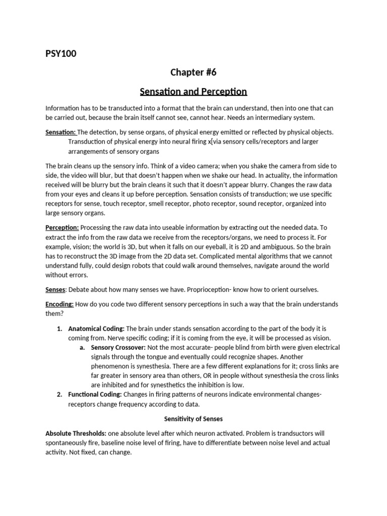 Sensation and perception notes PSY 100 | PDF | Senses | Perception