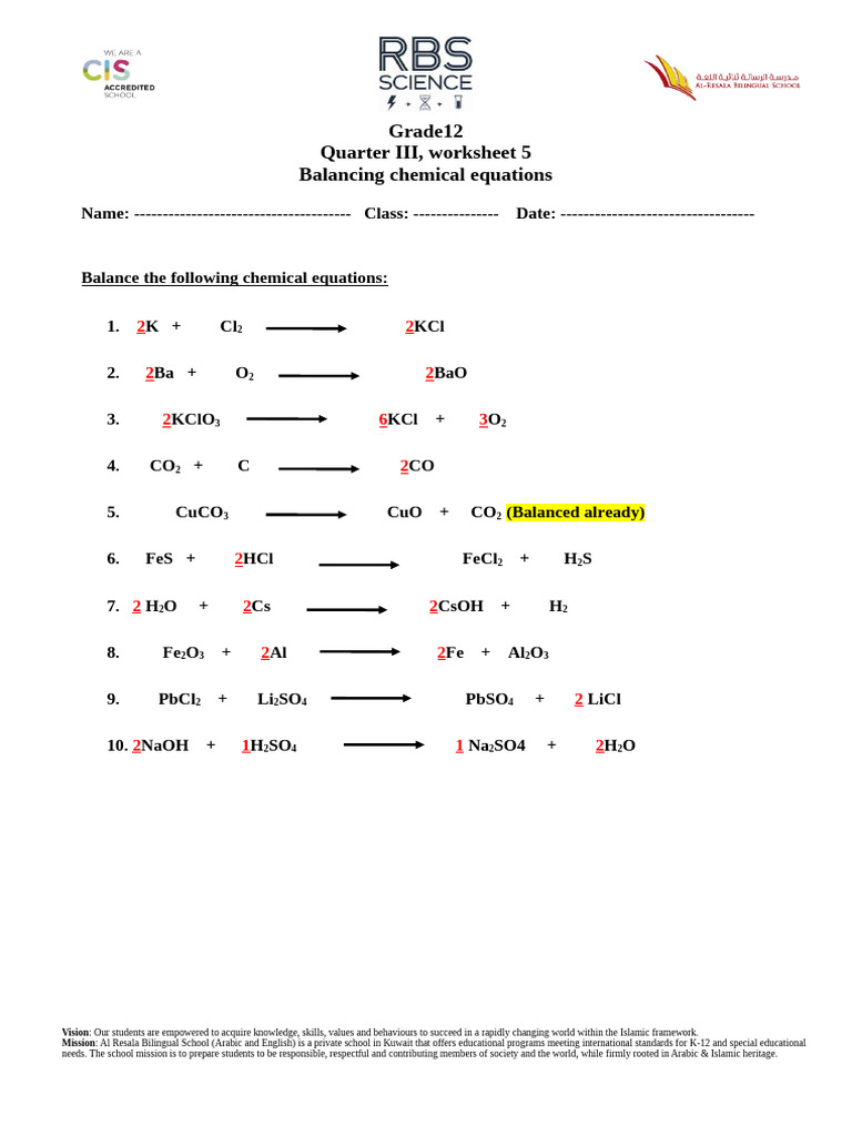 G12 W8 WS5 Balancing - Answers | PDF