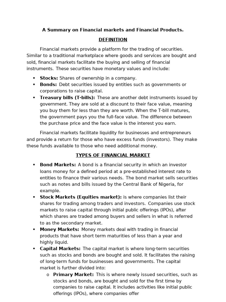 Summary of Financial Markets and Financial Products | PDF | Stocks ...
