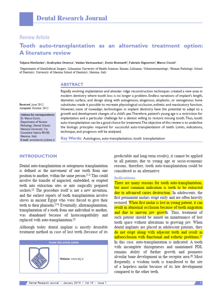 Tooth Autotransplantation Review | PDF | Human Tooth | Dental Implant