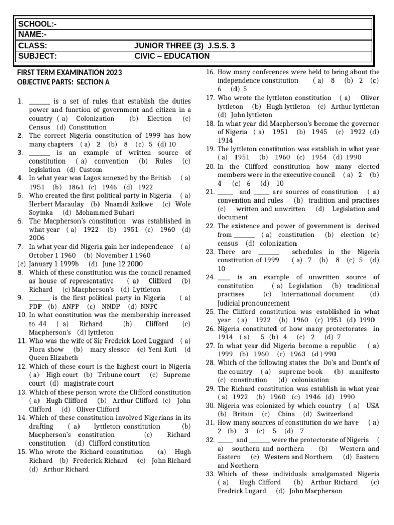 JSS3 Civic Education First Term Exam | PDF | Justice | Crime & Violence