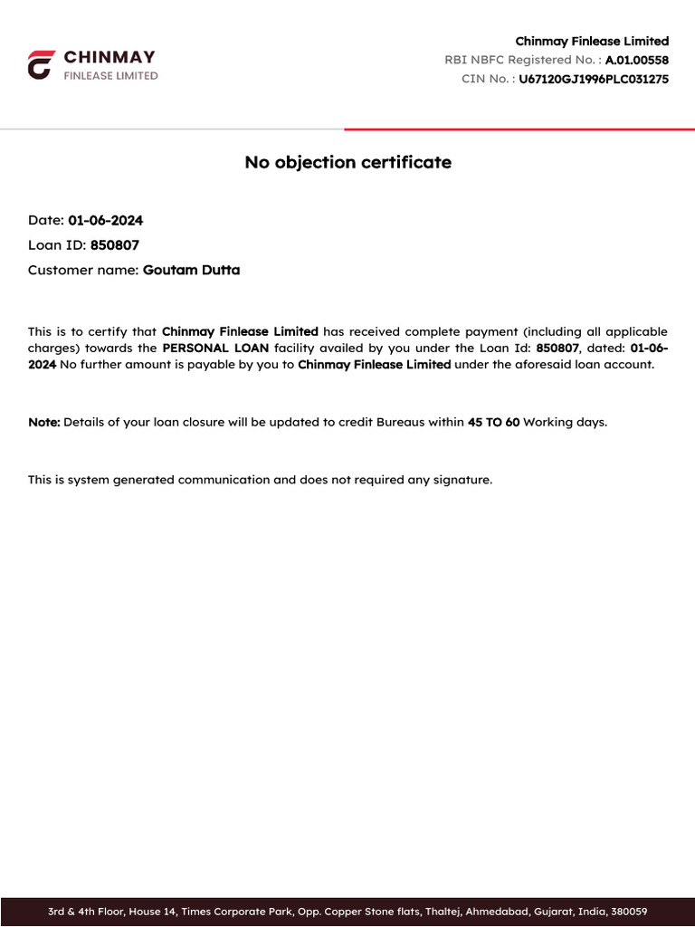 No Objection Certificate: Date: 01-06-2024 Loan ID: 850807 Customer Name: Goutam Dutta | PDF