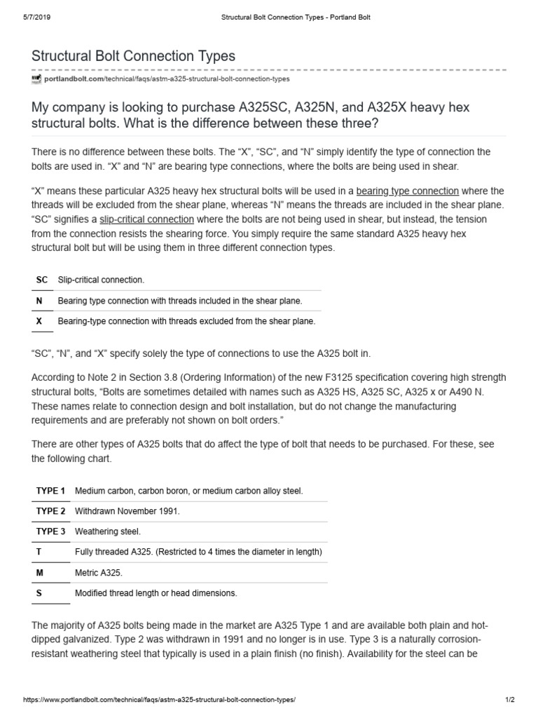 Structural Bolt Connection Types - Portland Bolt | PDF | Screw | Steel