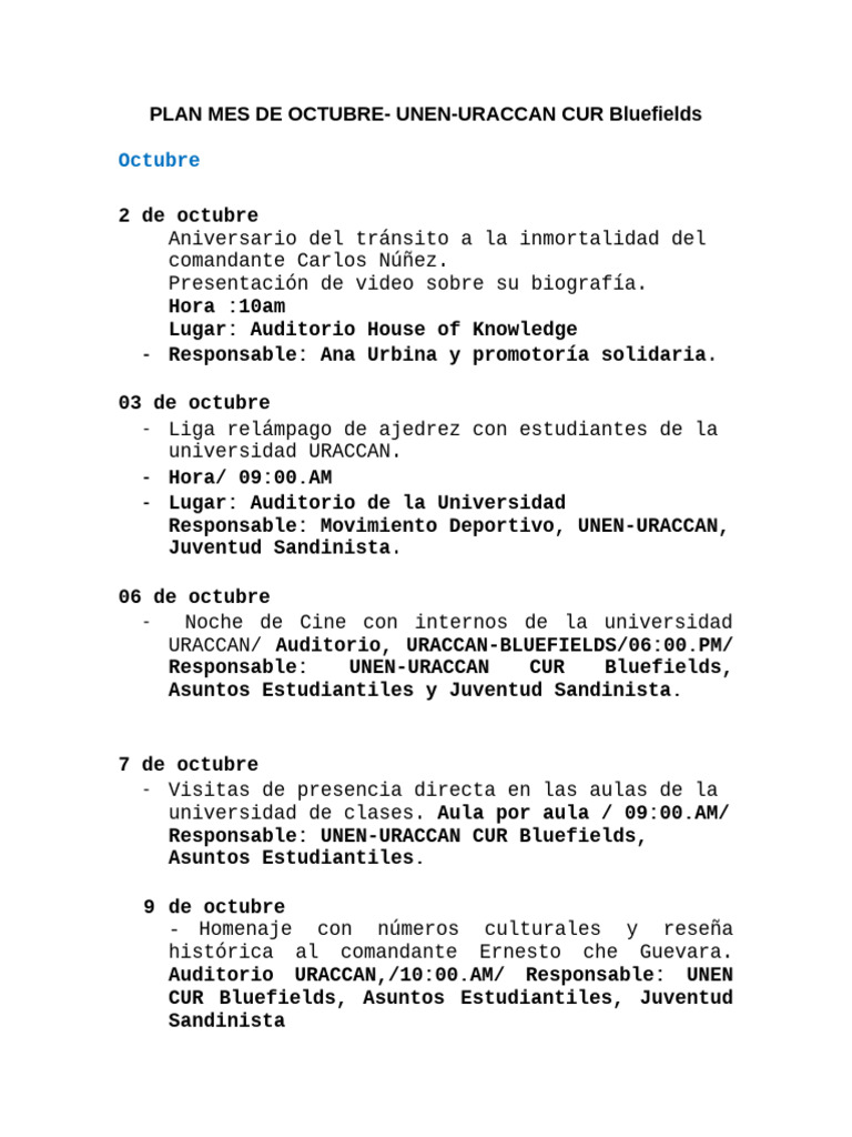 Plan Mes de Octubre-Unen Uraccan Cur Bluefields-2024 | PDF | Frente ...