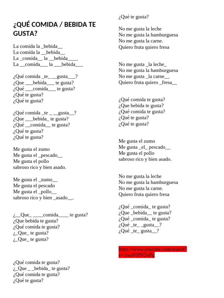 Cancion QUE COMIDA TE GUSTA | PDF