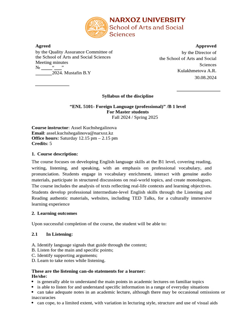 Syllabus B1 Original (5 Credits) 2024-2025 | PDF | Academic Integrity ...