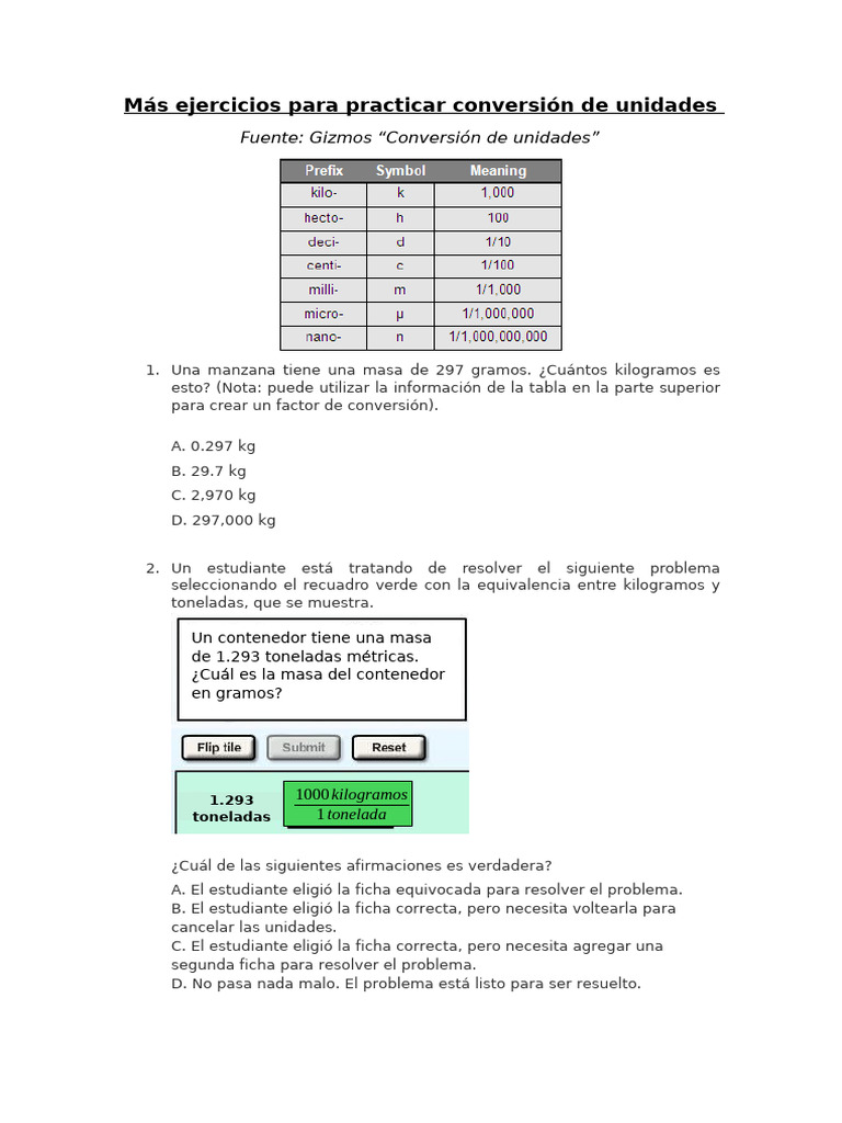 Más Ejercicios para Practicar Conversión de Unidades | PDF