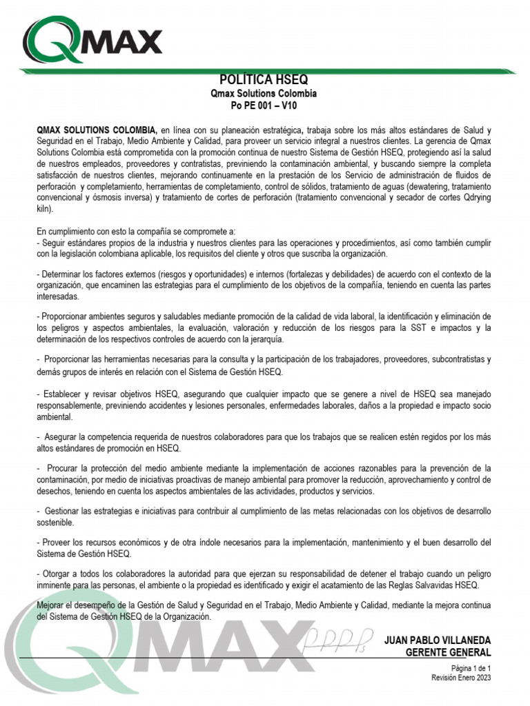 Po Pe 001 Politica Hseq V10 Pdf Entorno Natural Protección Del