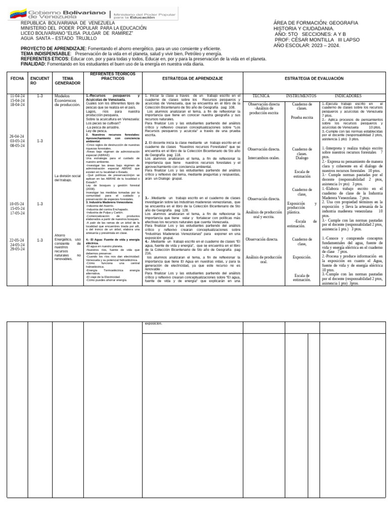 Proyecto de Aprendizaje de GHC 5to A y B 3er Lapso 2023-2024 | PDF ...