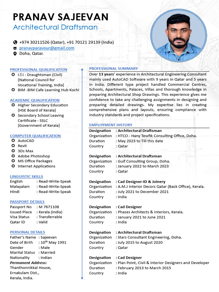 Architectural Draftsman Profile - Pranav Sajeevan | PDF | Technical ...