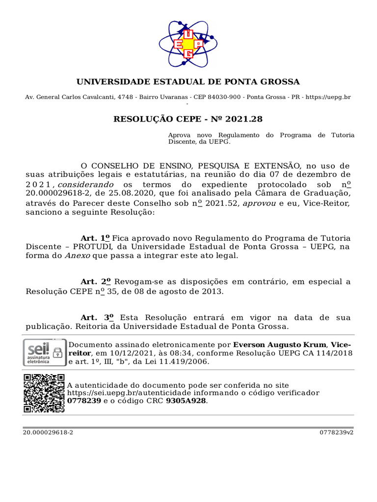 Resol CEPE 2021 28 Novo Regulamento Do Programa de Tutoria Discente | PDF | Aprendizado | Pedagogia