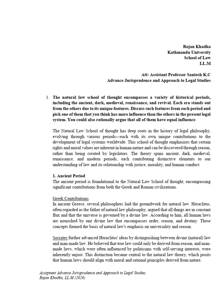 Assignment - Advance Jurisprudence - Rojan Khadka - KUSOL - 2024 | PDF | Natural Law | Jurisprudence
