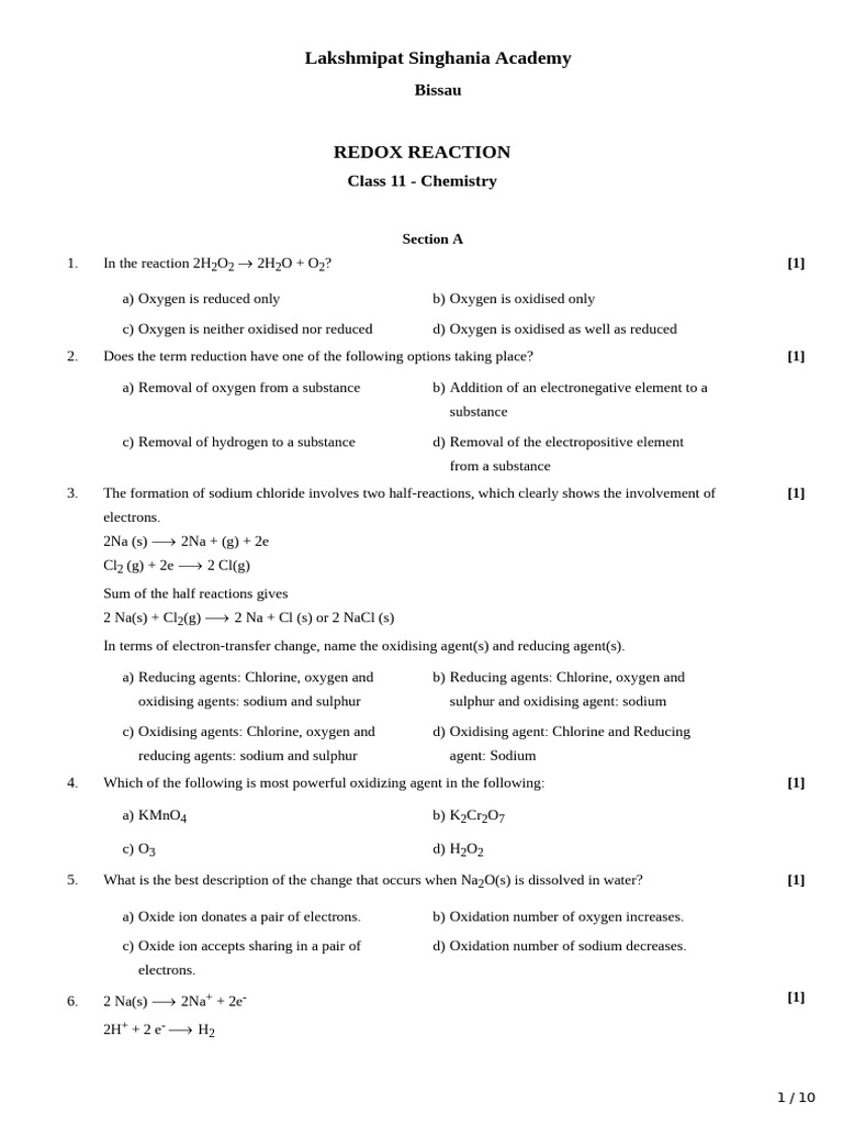Redox worksheet | PDF | Redox | Chlorine