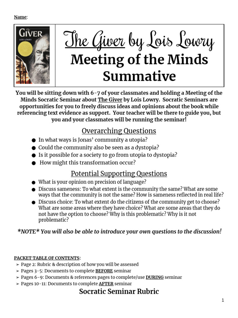 The Giver Socratic Seminar Packet 2024-Colin | PDF | The Giver