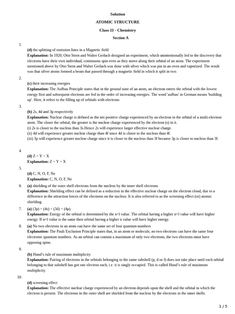 Structure of Atom Worksheet (Solution) | PDF | Electron Configuration ...