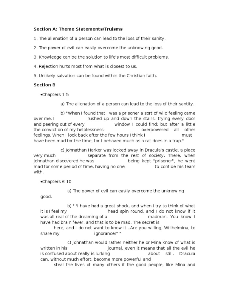 Section A: Theme Statements/Truisms | PDF | Mina Harker | Count Dracula