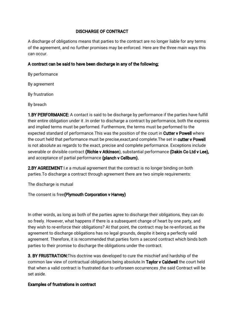 Discharge of Contract Explained: Types & Cases | PDF