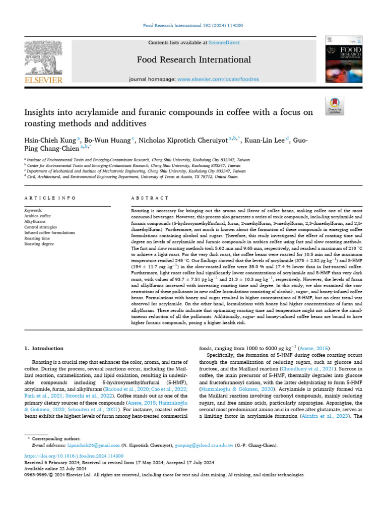 Coffee Roasting: Acrylamide & Furan Levels | PDF | Coffee | Elution