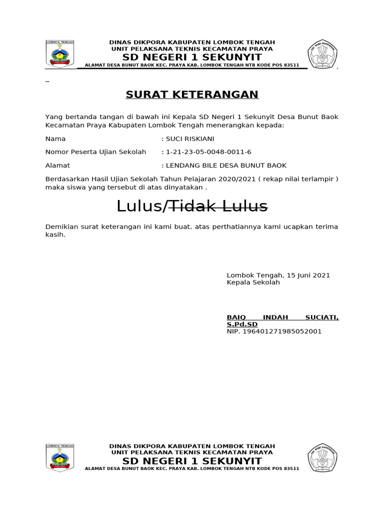 Surat Ket Lulus 2020 | PDF