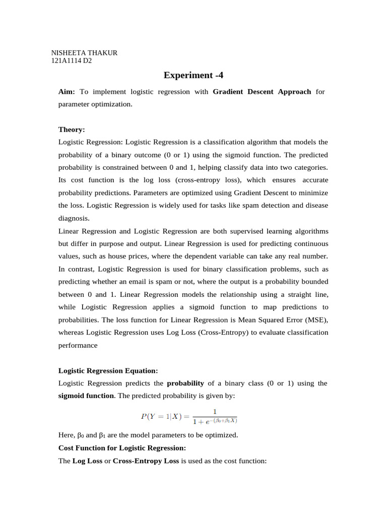 Experiment - 4: Aim: Gradient Descent Approach | PDF | Logistic Regression | Regression Analysis
