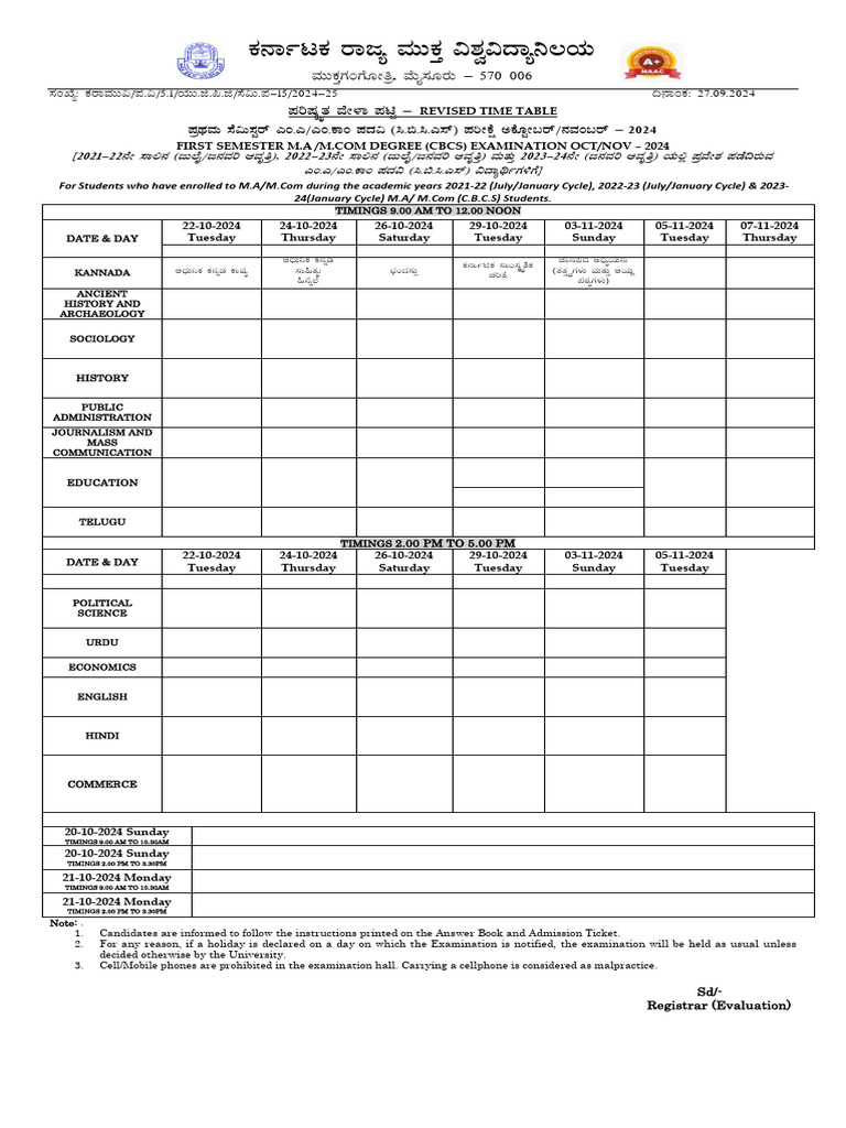 Revised CBCS TIME TABLE June-July - 2024 EXAMINATION | PDF | Biology | Bacteria