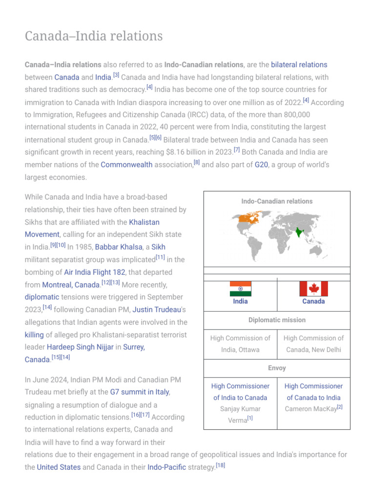 Canada-India Relations - Wikipedia | PDF | Social Science | Travel