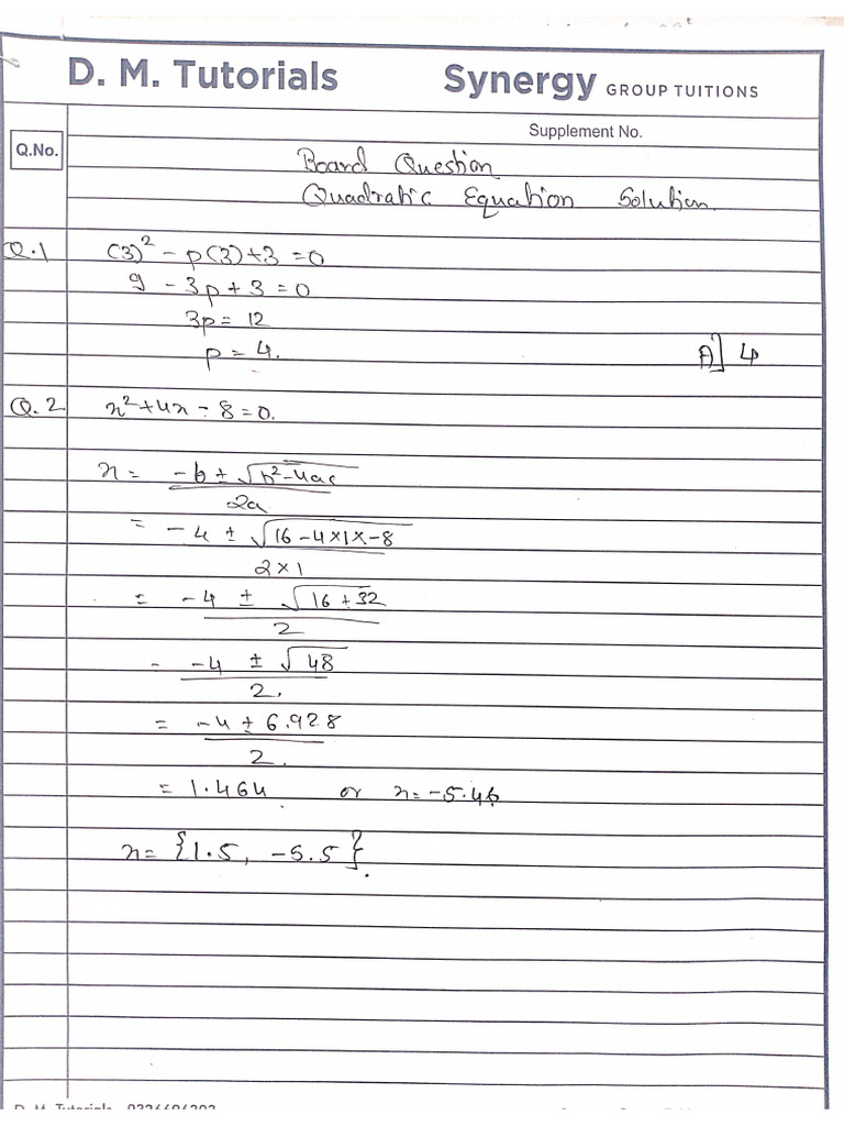 Quadratic Equation (Board Question Papers) | PDF