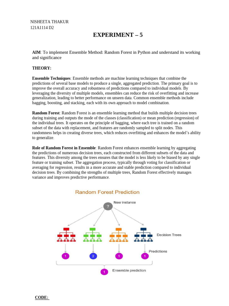 Experiment - 5: To Implement Ensemble Method: Random Forest in Python and Understand Its Working ...