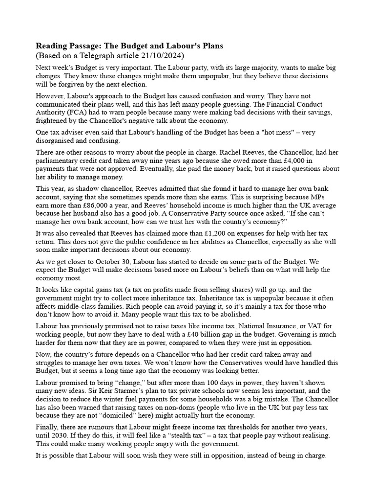 ESOL Close Reading About The 2024 Budget Article 1 | PDF | Taxes ...