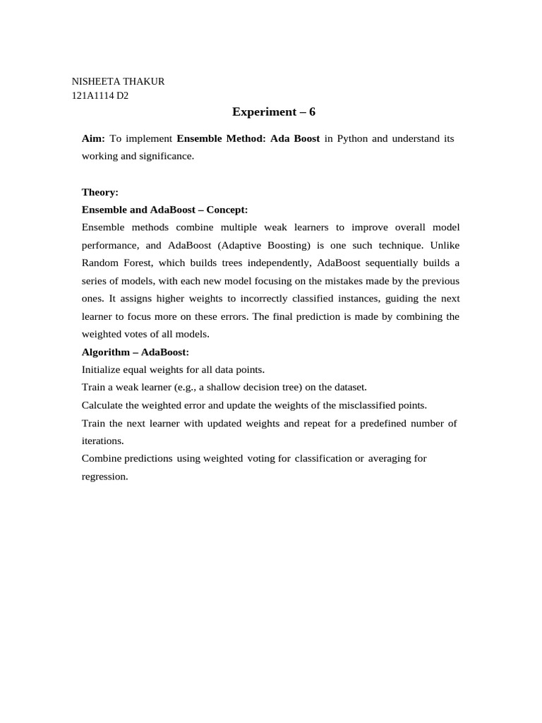 Experiment - 6: Aim: Ensemble Method: Ada Boost | PDF