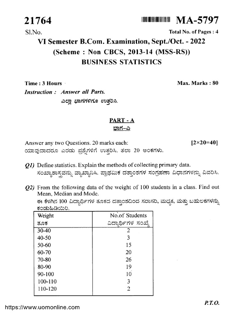 Bcom 6 Sem Business Statistics Ma 5797 Oct 2022 | PDF