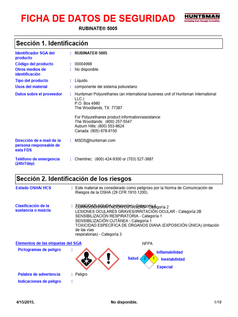 MSDS Rubinate 5005 | PDF | Agua | Alergia