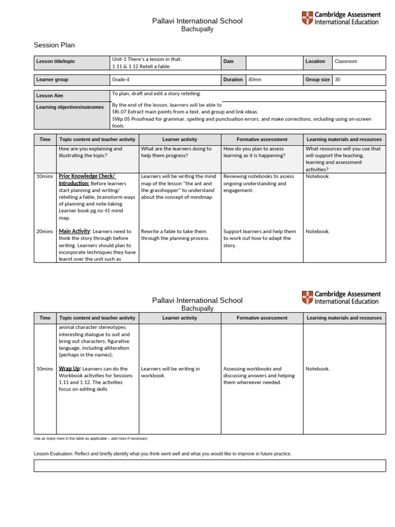 Grade 4 Fable Retelling Plan | PDF | Learning | Teaching