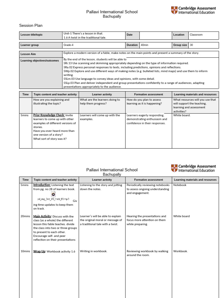 Session Plan Unit-1 1.6 | PDF | Learning | Teachers