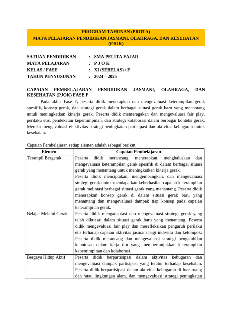 Prota - Pjok 11 | PDF