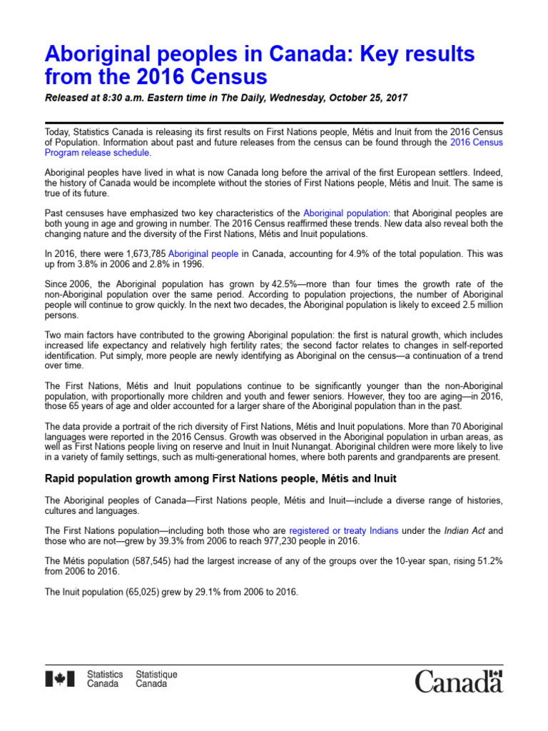 Aboriginal Peoples in Canada - 2016 Census | PDF | Provinces And ...