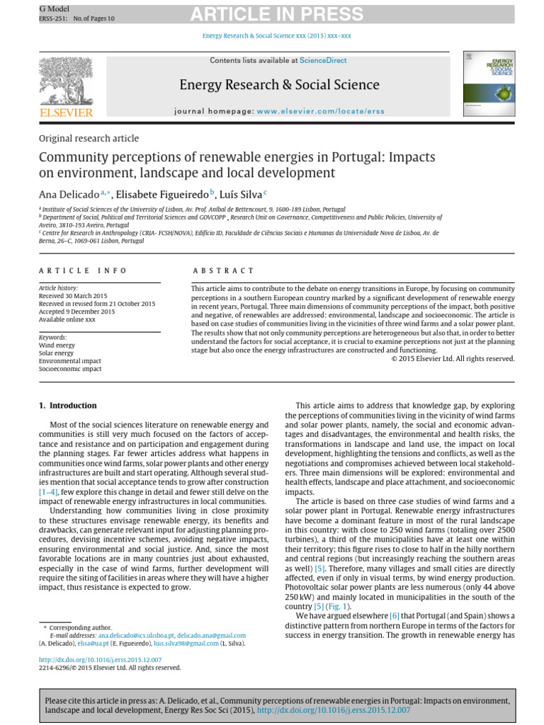 Community Perceptions of Renewable Energies in Portugal - Impacts On ...