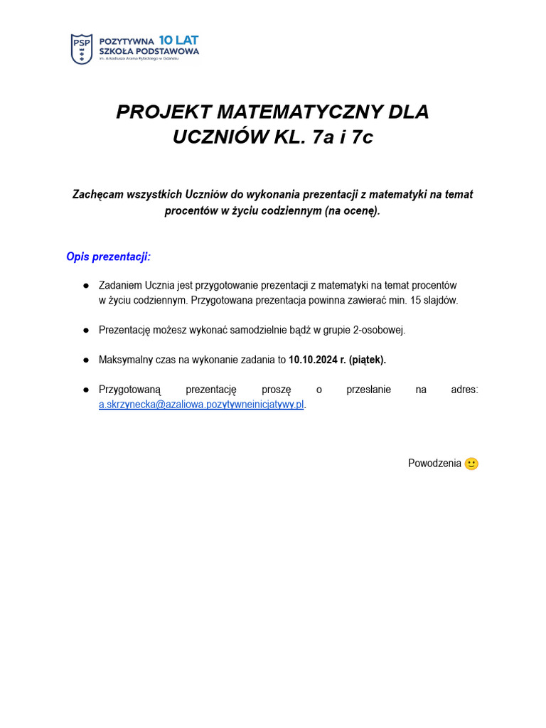 PROJEKT MATEMATYCZNY DLA UCZNIÓW kl. 7a i 7c | PDF