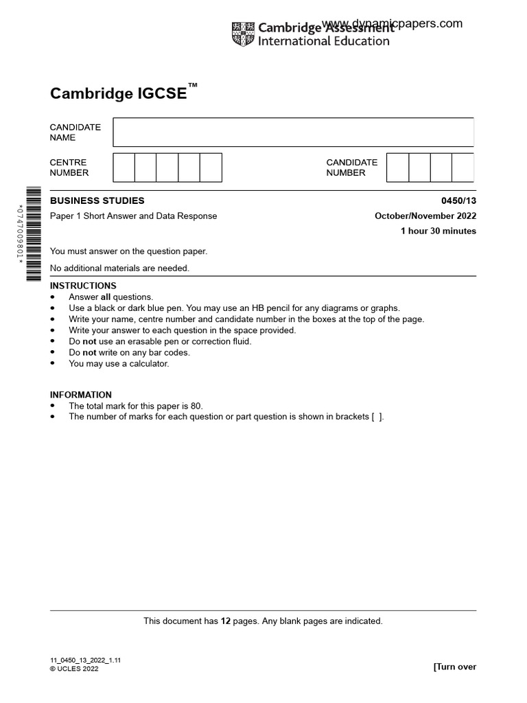 Cambridge IGCSE: 0450/13 Business Studies | PDF | Business | Economies
