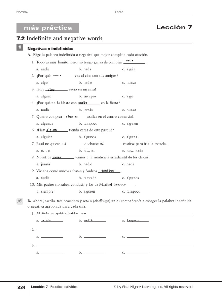 Práctica de palabras indefinidas y negativas | PDF