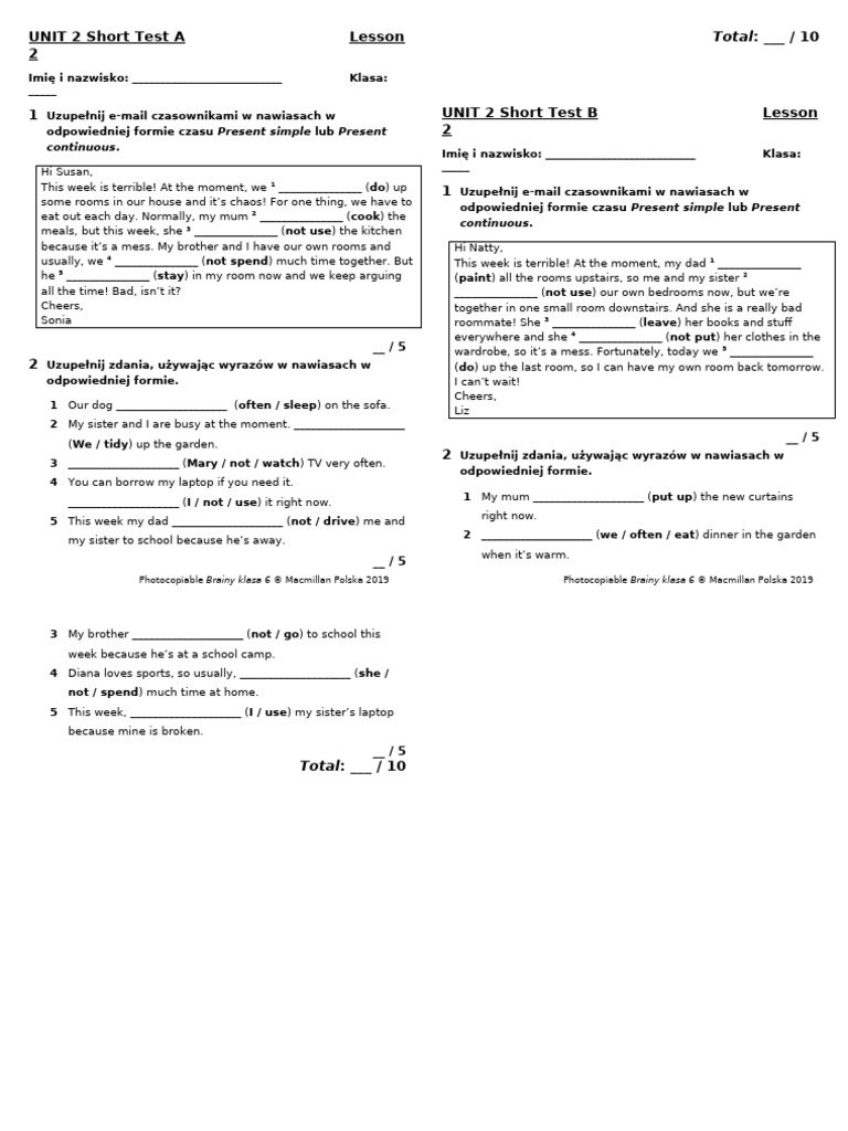 Brainy kl6 Short Tests Unit 2 Lesson 2 | PDF | Home | Room