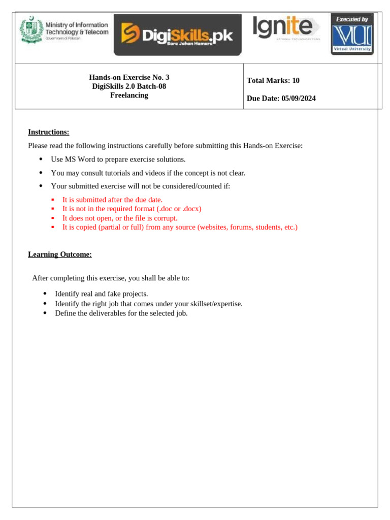 Hands-On Exercise No. 3 Digiskills 2.0 Batch-08 Freelancing Total Marks ...