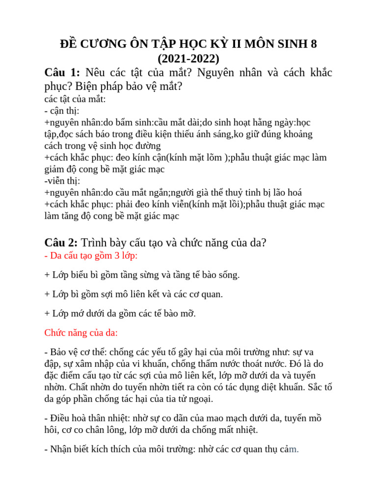 Đề Cương Ôn Tập HK II Sinh 8 (2021-2022) | PDF