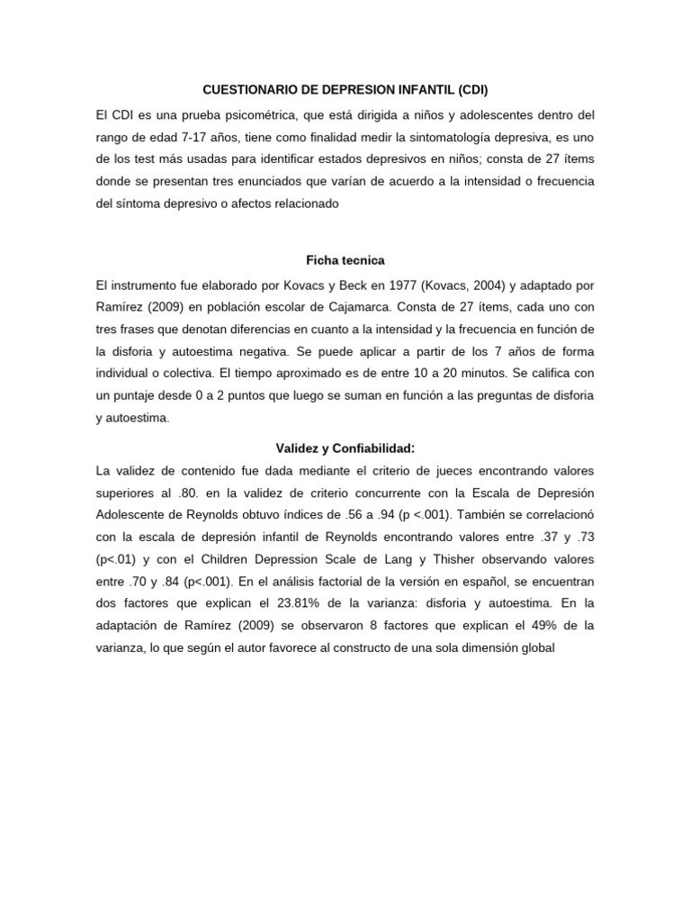 Cuestionario de Depresión Infantil (CDI) | PDF