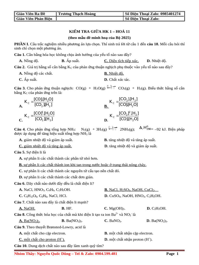 GHK 1 HÓA 11 - Trương Thạch Hoàng - Gia Lai | PDF