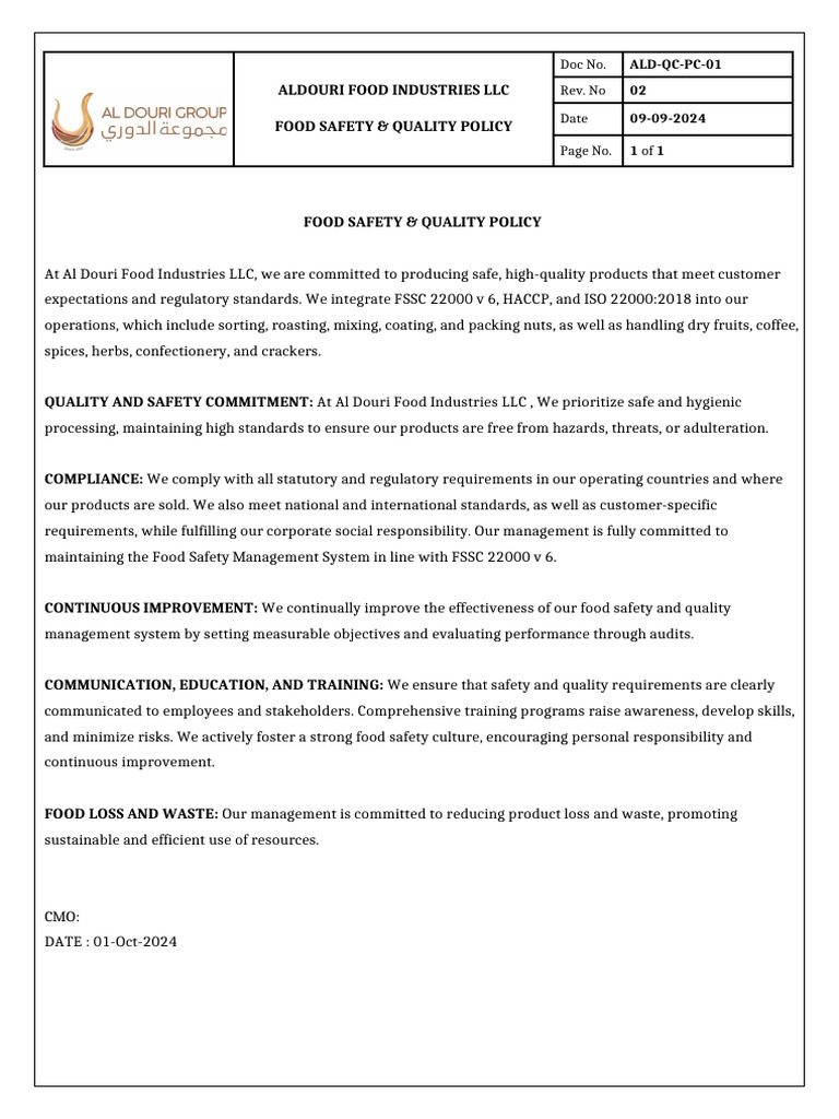 Food Safety Policy | PDF | Business