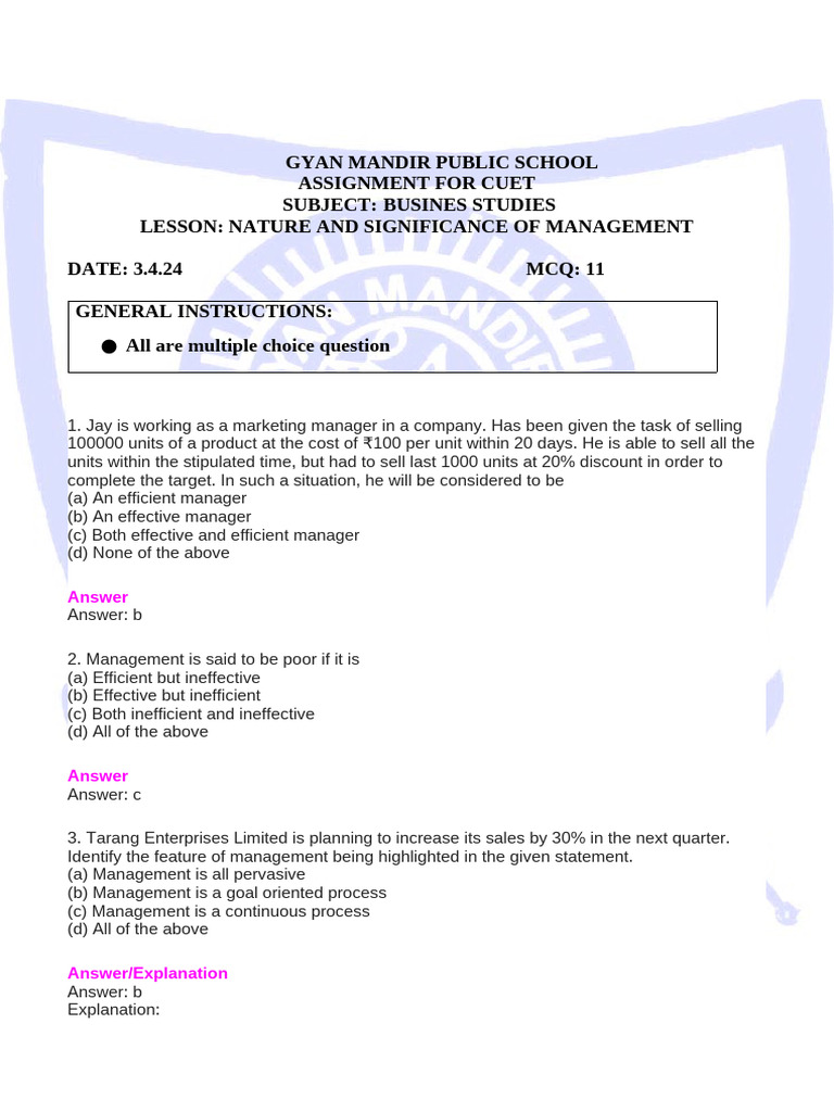 CUET Business Studies MCQs | PDF | Business Economics | Economies