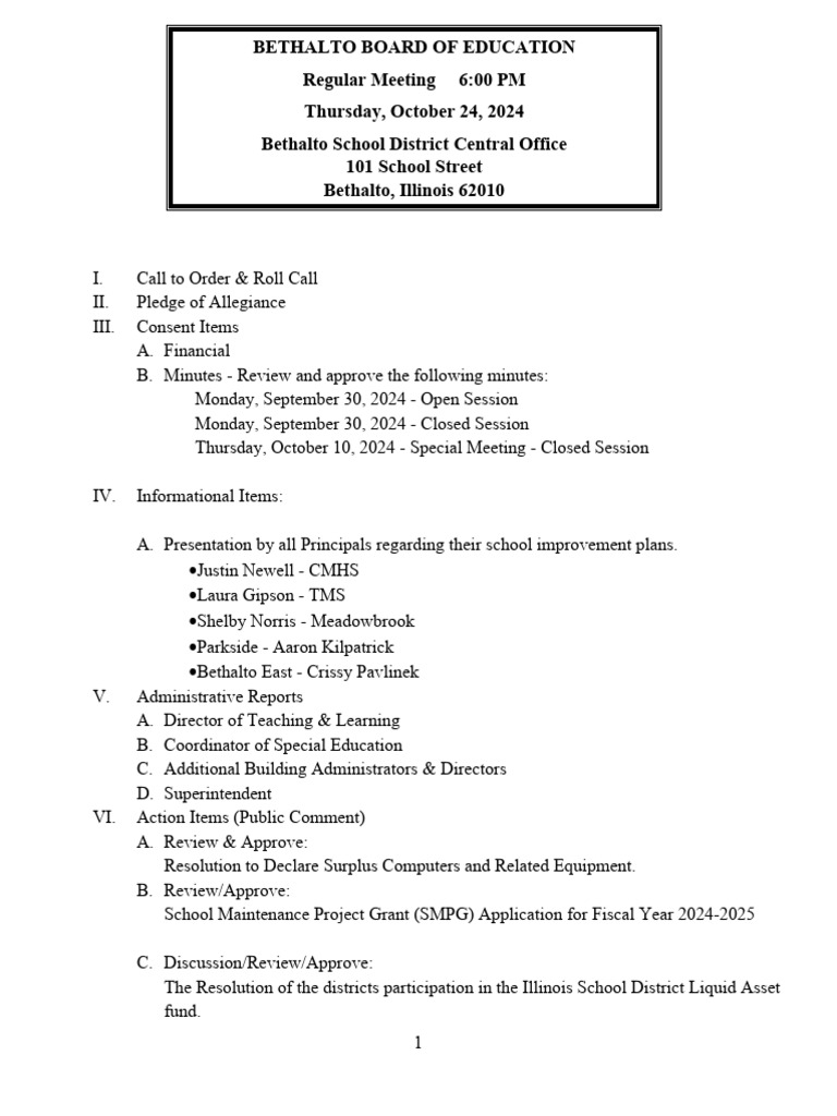 Bethalto Board Meeting October 2024 | PDF