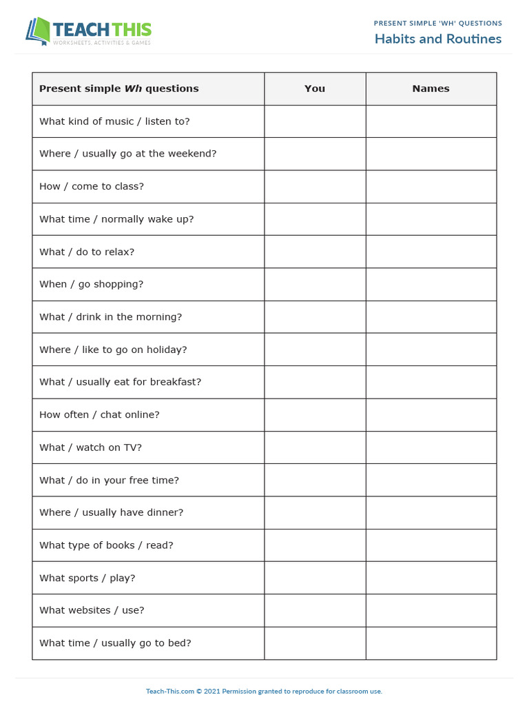 Habits and Routines - Questions Present Simple. | PDF | Self-Improvement